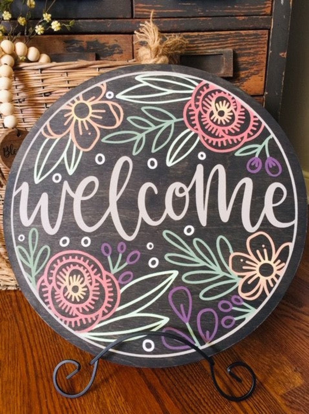Welcome Sign With Floral Design, Round Welcome Sign, Summer Door Hanger ...