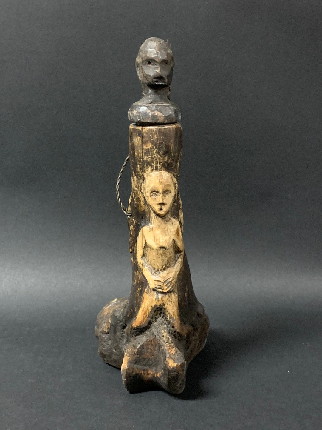 Philippine Ifugao Tribal Art Carved Wood and Bone Lime Container Rice ...