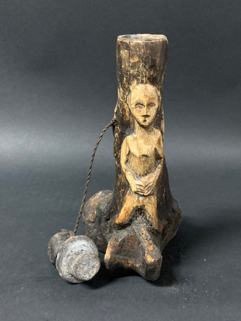 Philippine Ifugao Tribal Art Carved Wood and Bone Lime Container Rice ...