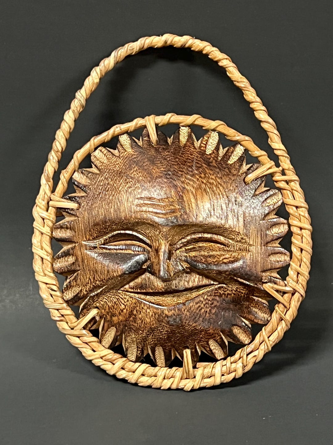 Whimsical Carved Wood Sun Face Wall Hanging Plaque Decor With Rattan ...
