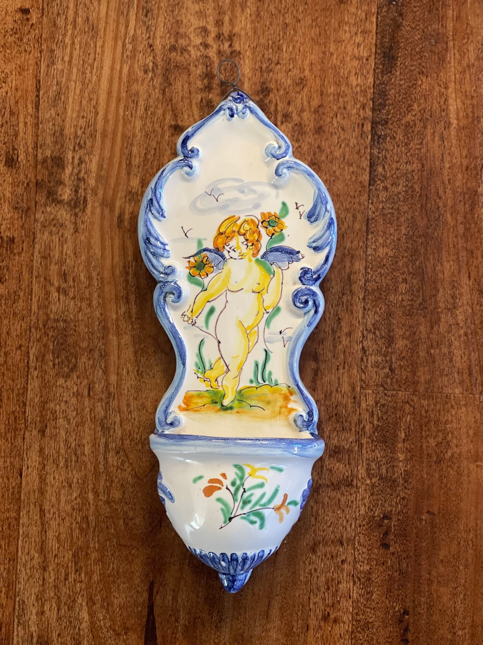Vintage Holy Water Font Hand Painted Cherub Angel Florals - Etsy