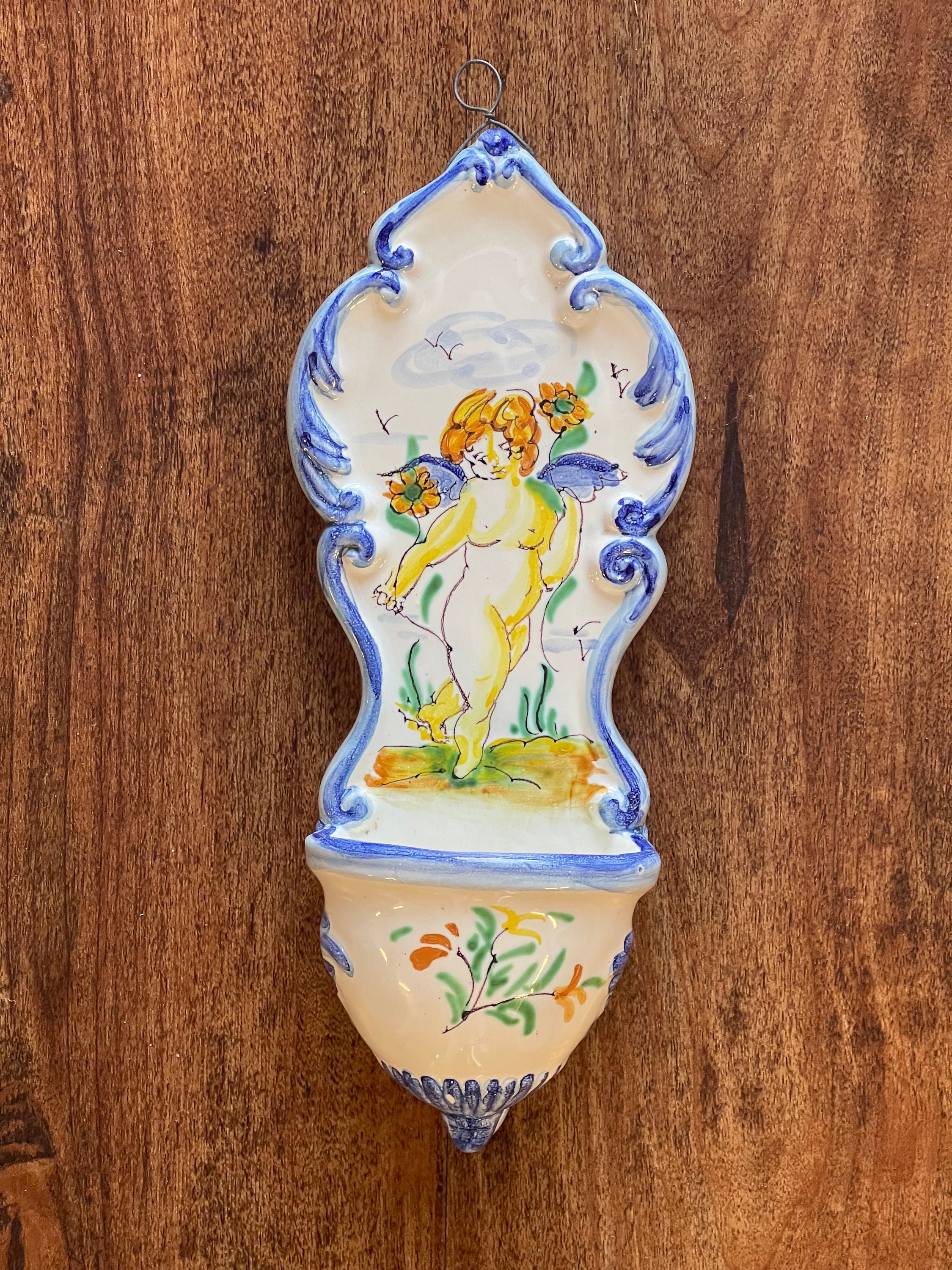 Vintage Holy Water Font Hand Painted Cherub Angel Florals - Etsy