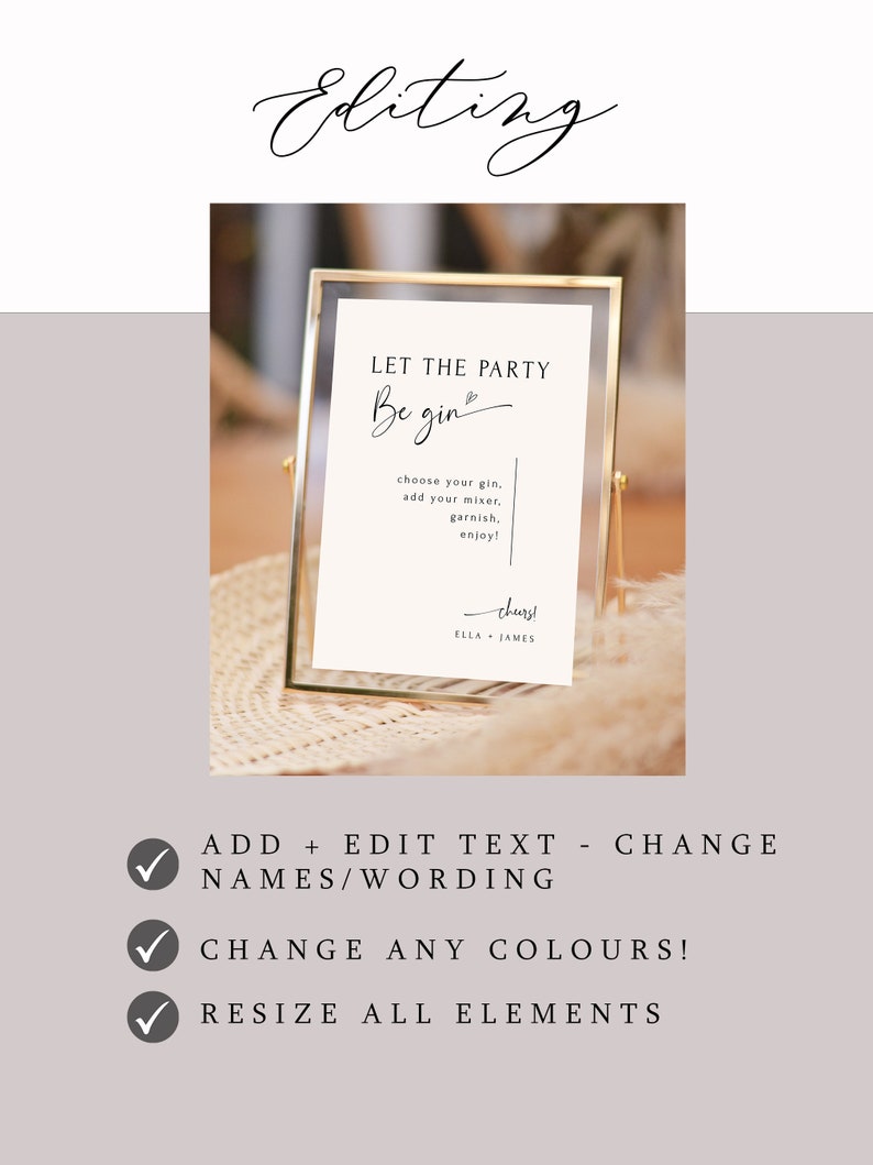 Gin Bar Sign Template | Let the Party Be Gin Bar Cart Prints Sign | Wedding Drinks Bar List Gin ...