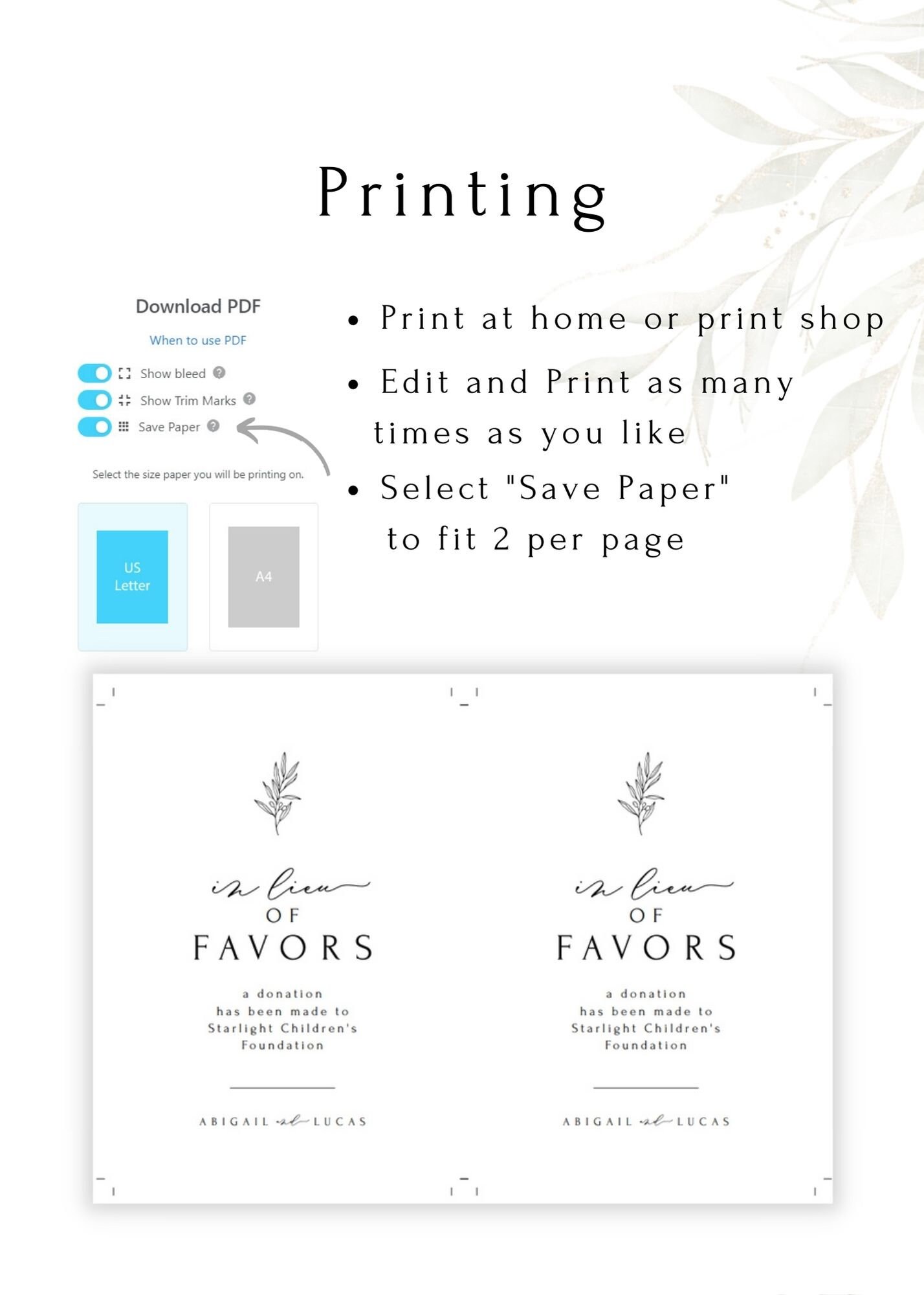 In Lieu of Favors Printable Template | Wedding Bonbonniere Donation ...