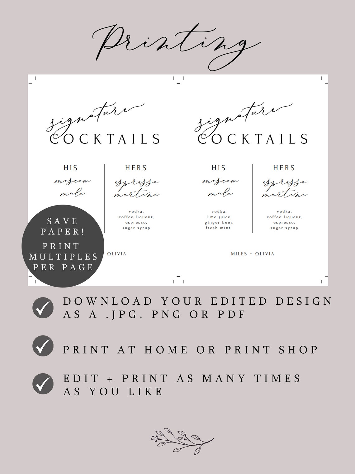 Signature Cocktails Sign Template Signature Drink Sign His - Etsy