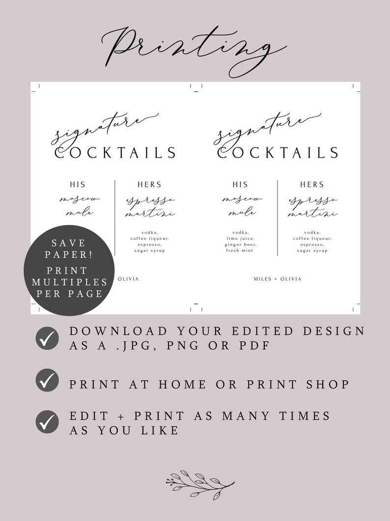 Signature Cocktails Sign Template | Signature Drink Sign | His and Hers ...