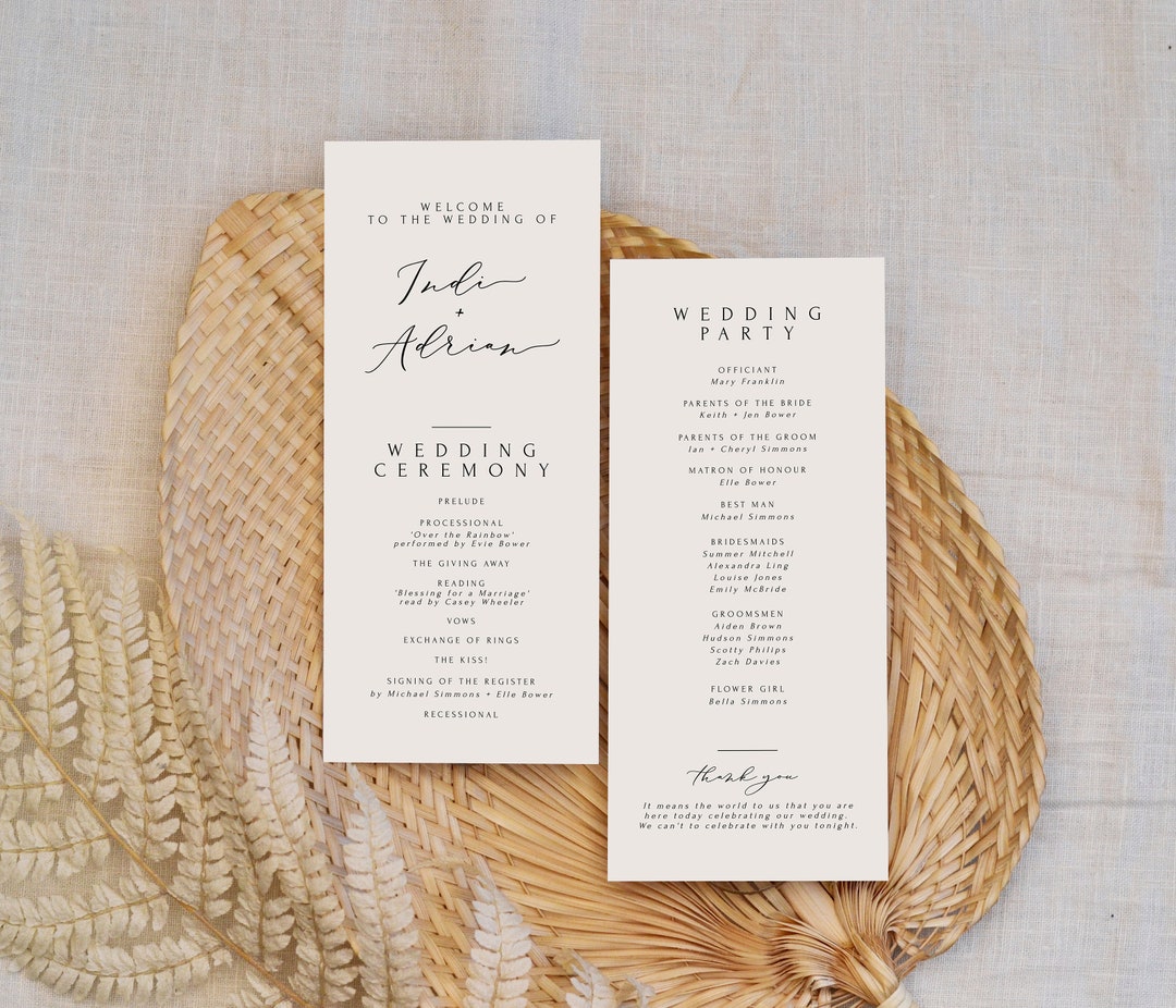 Modern Wedding Program Template Download | Minimal Order of Service Program Flat | Church ...