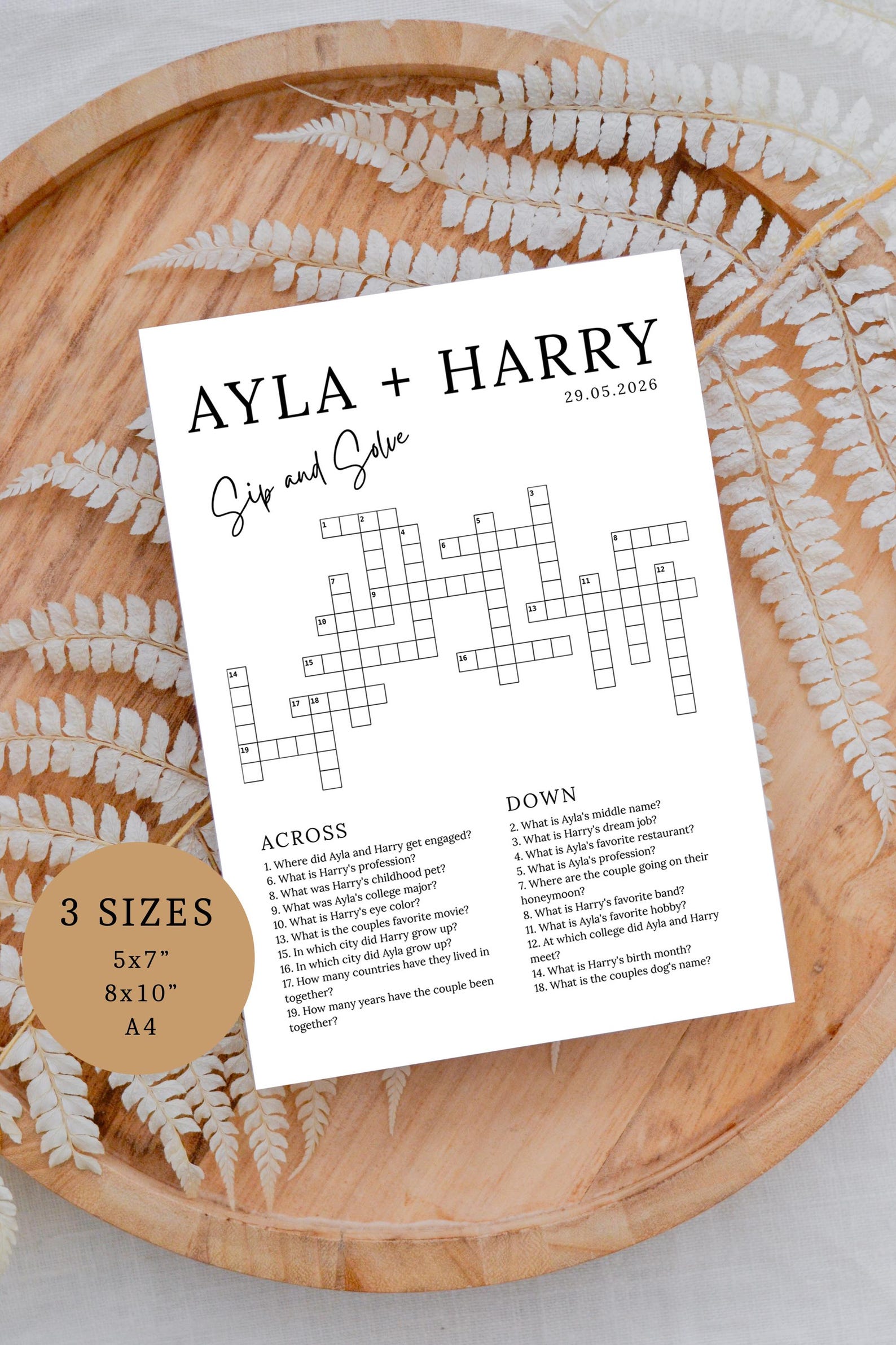 Sip and Solve Crossword Puzzle Template Canva, Wedding Crossword | Sip ...