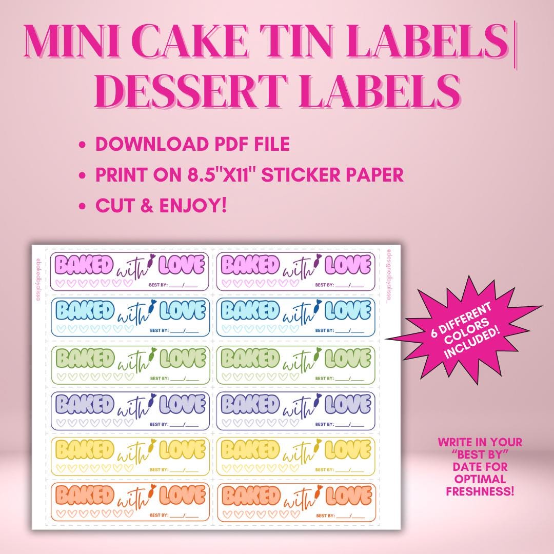 Mini Cake Tin Labels, Dessert Labels Baked With Love Label best by Date ...