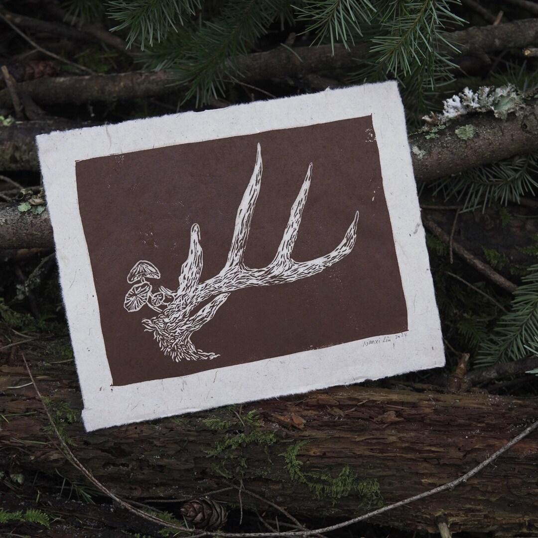 Deer Antler Original Art Antler Mushroom Linocut Forest Art Print ...