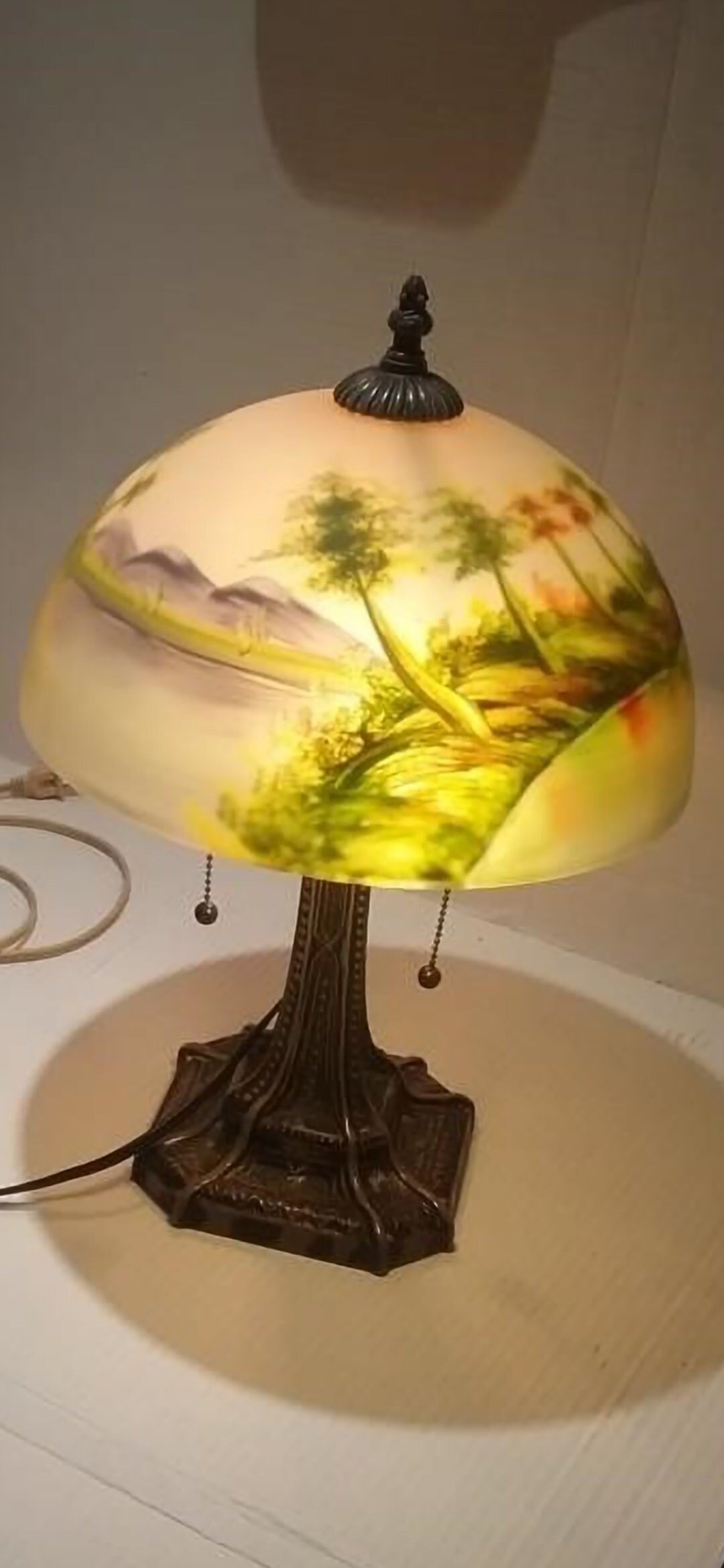 Vintage Reverse Painted Forest Scene Lamp, Handel Style - Etsy