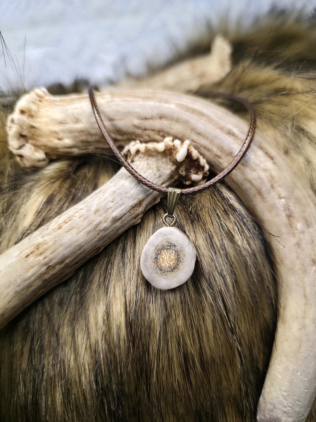 White Tail Deer Antler Slice Pendant Necklace Woven Faux Leather Cord ...