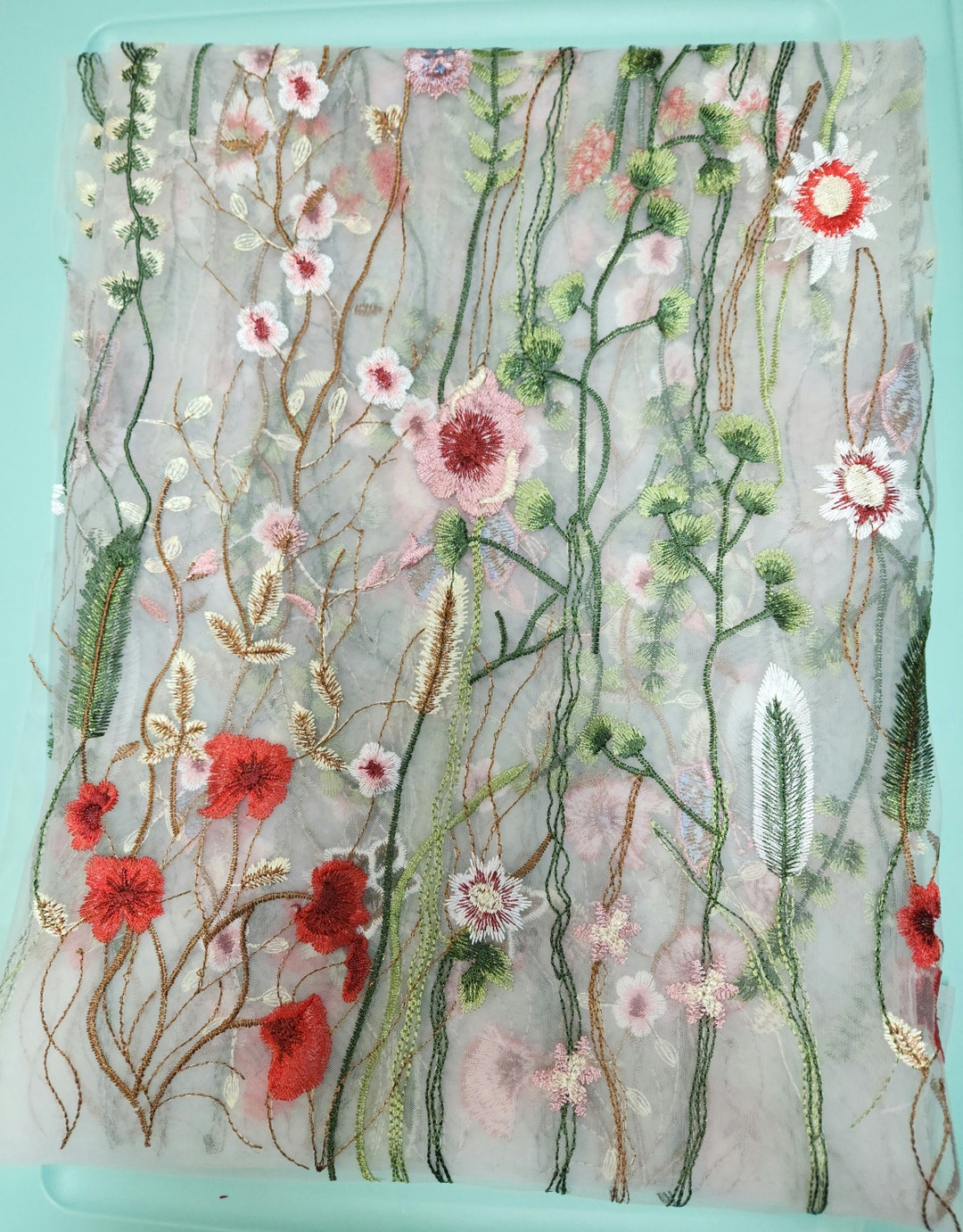 Embroidered Floral Tulle Fabric: Wildflower Vines, Spring Meadow (by ...
