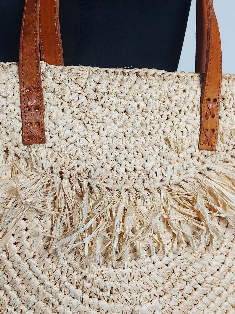 Rumbai Raffia Shoulder Bag With Brown Leather Strap Woven - Etsy