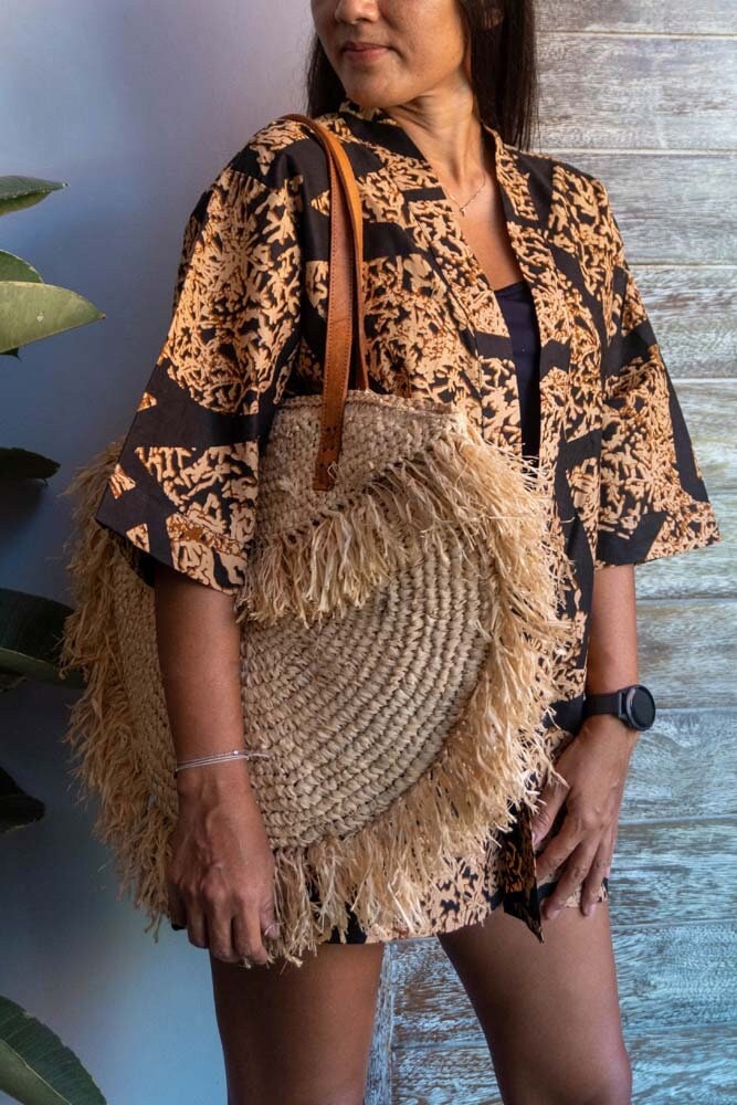 Rumbai Raffia Shoulder Bag With Brown Leather Strap, Woven Beach Bag ...