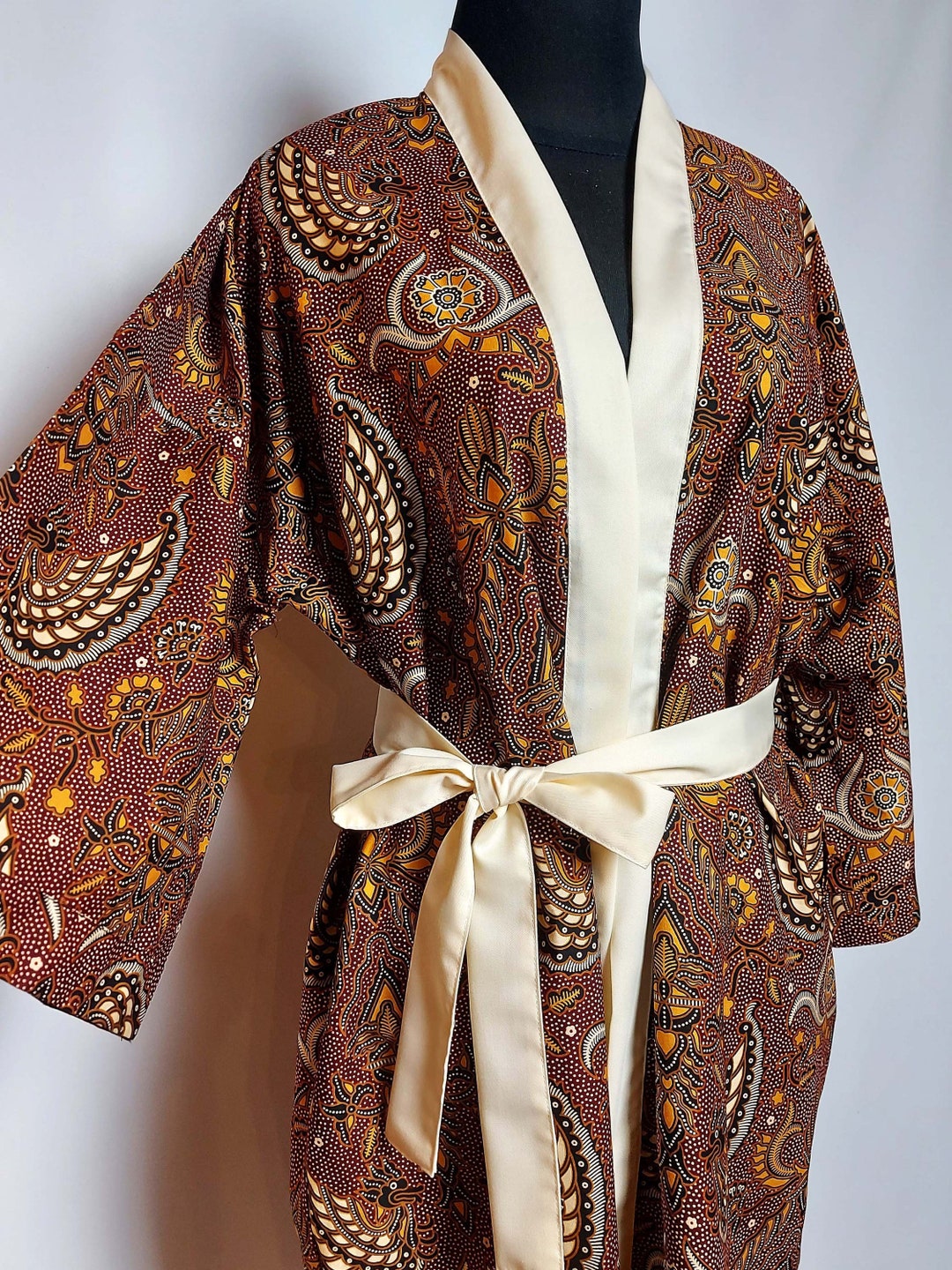 Cotton Batik Kimono Robe in Marron and Beige, Ethnic Traditional ...