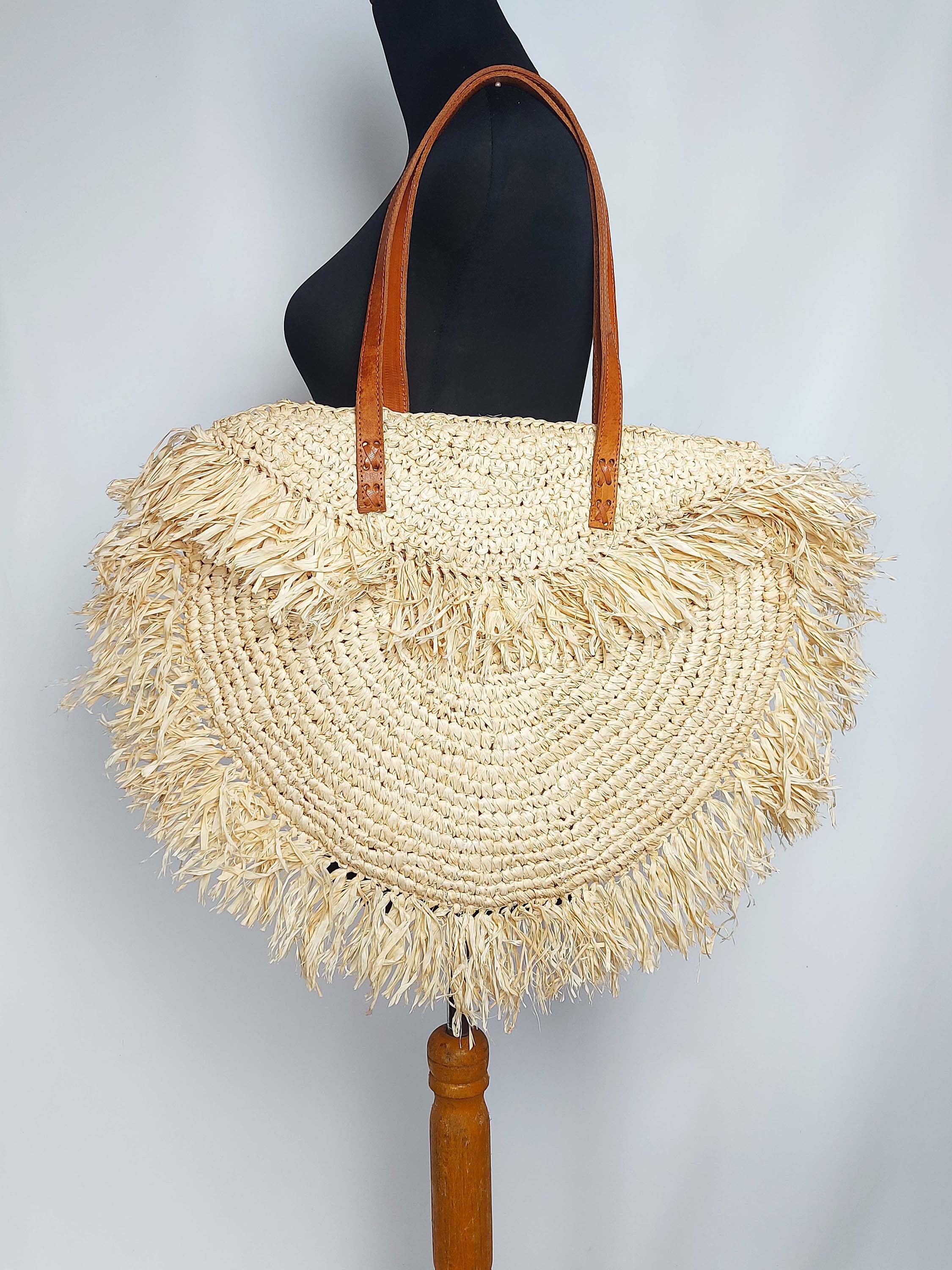 Rumbai Raffia Shoulder Bag With Brown Leather Strap, Woven Beach Bag ...