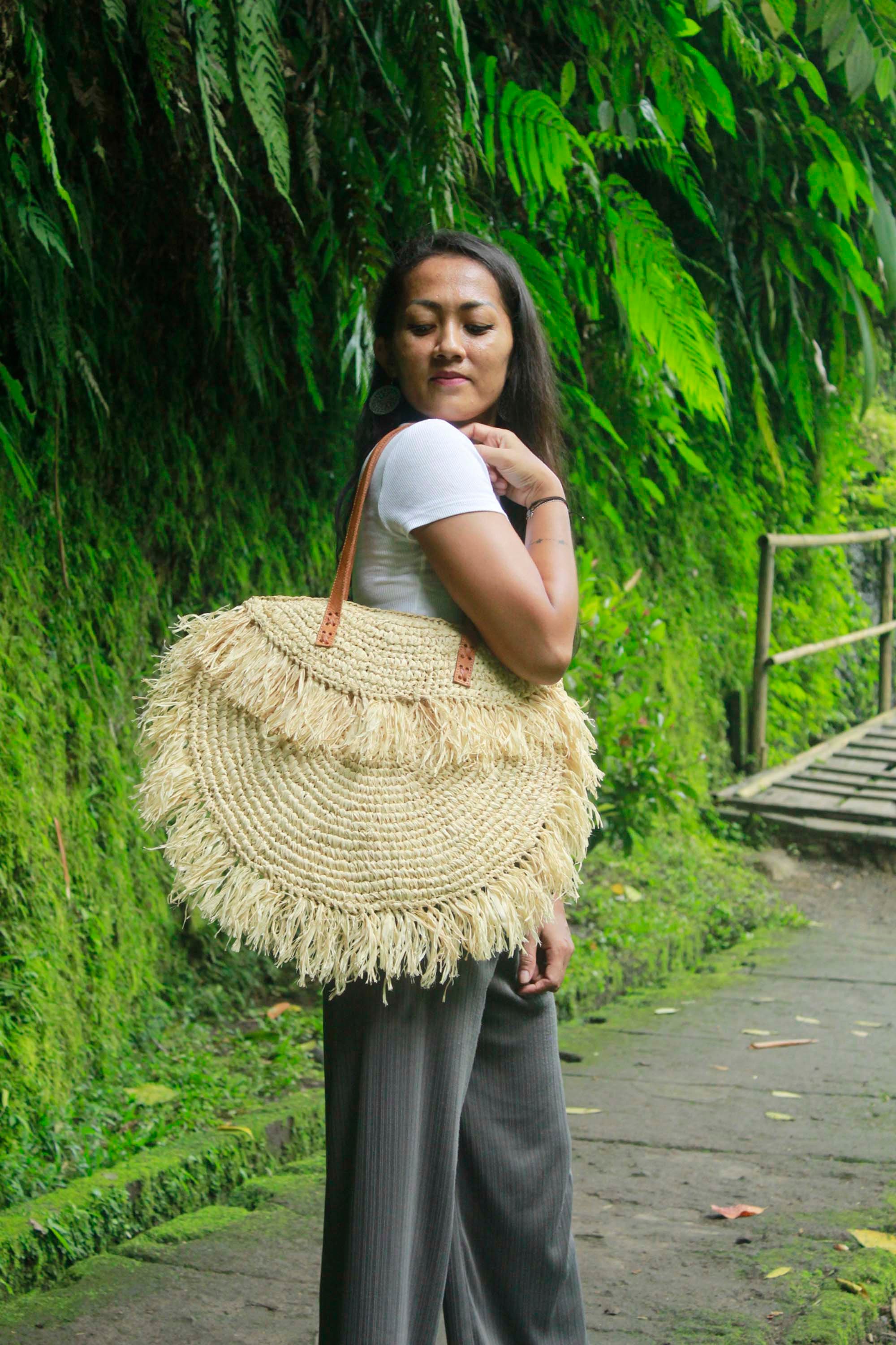 Rumbai Raffia Shoulder Bag With Brown Leather Strap, Woven Beach Bag ...