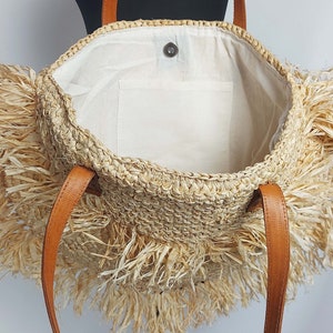 Rumbai Raffia Shoulder Bag With Brown Leather Strap, Woven Beach Bag ...