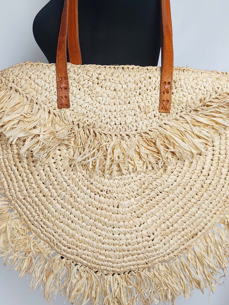 Rumbai Raffia Shoulder Bag With Brown Leather Strap Woven - Etsy