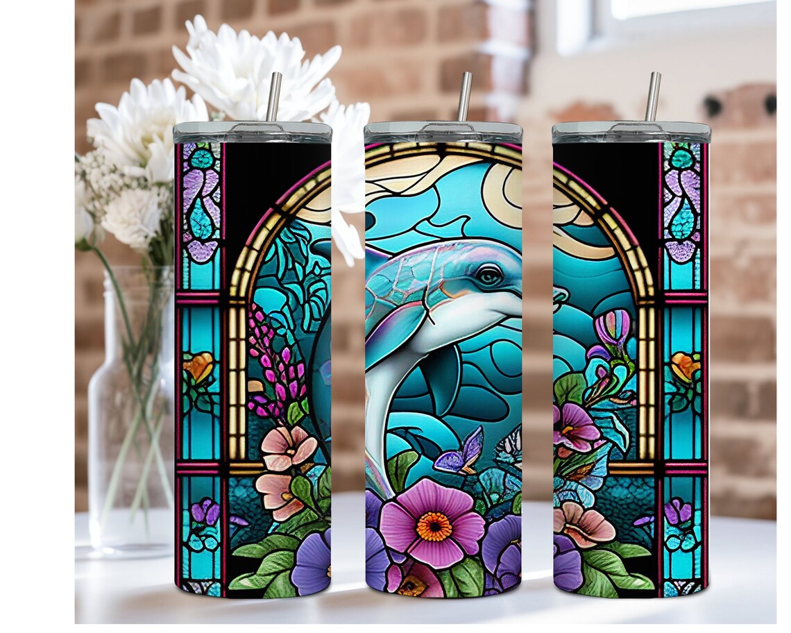 20oz or 25oz Stained Glass Dolphin Tumbler, Gifts for Dolphin Lovers ...