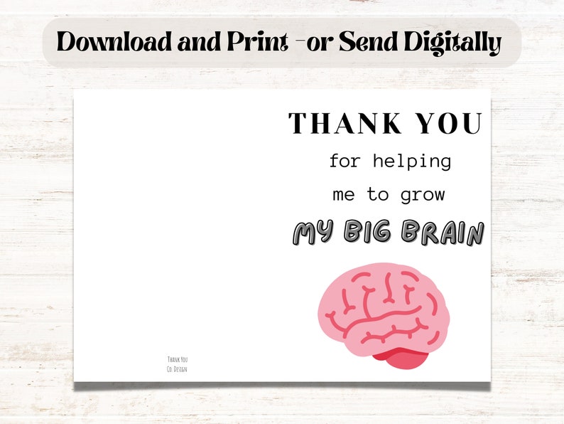Thank You Card Appreciation Card Teacher Appreciation Card Big Brain ...