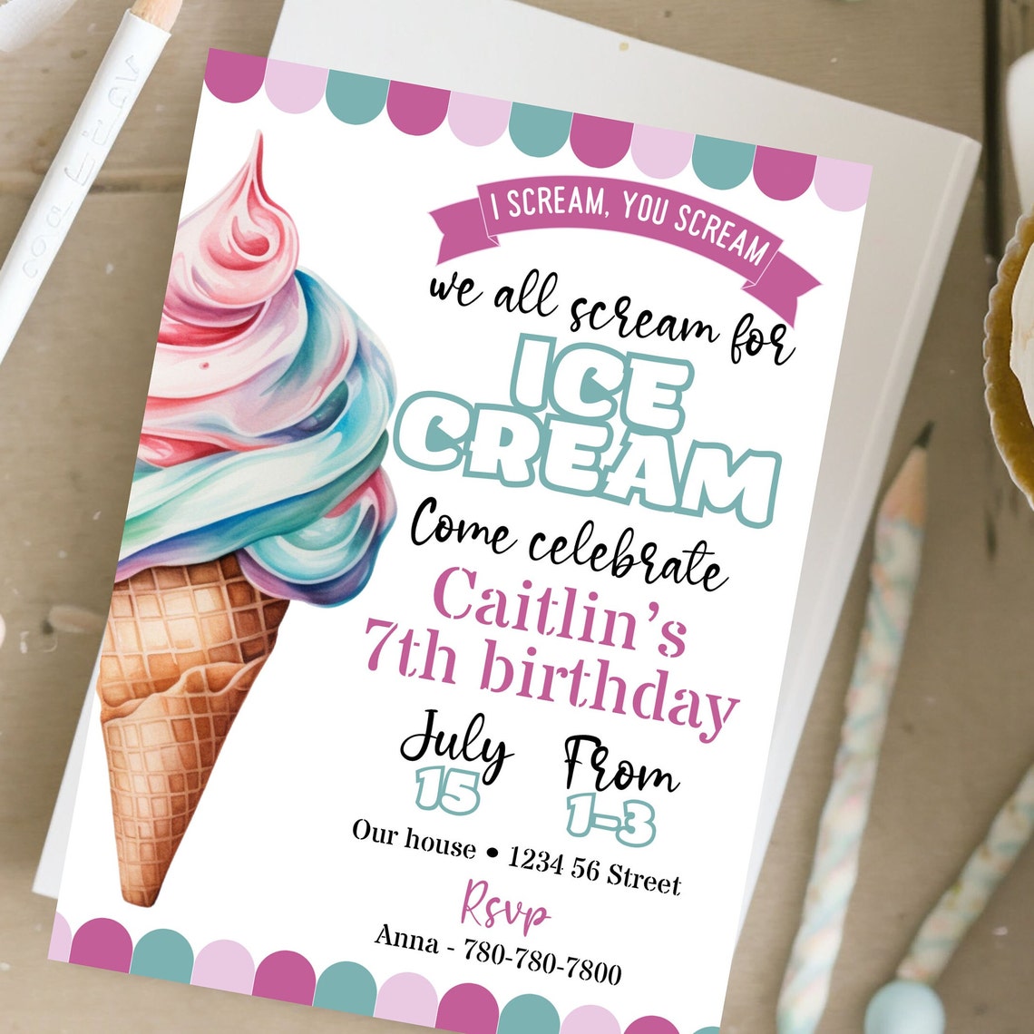 Watercolor Ice Cream Birthday Invitation Template | I Scream You Scream ...