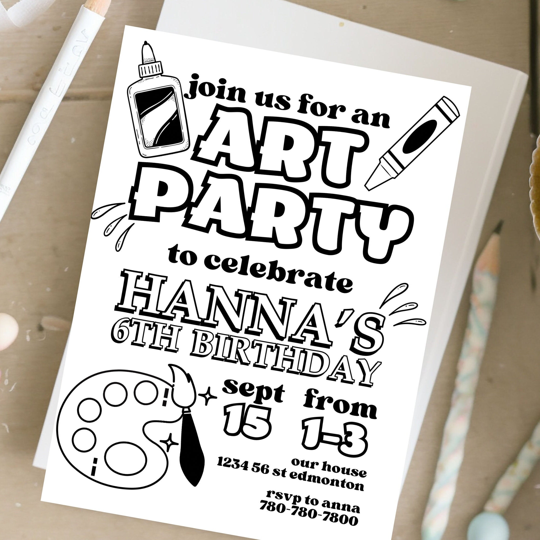 Art Party Coloring Page Birthday Invitation Template: DIY Canva Invite ...