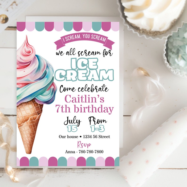 Watercolor Ice Cream Birthday Invitation Template: Edit in Canva ...