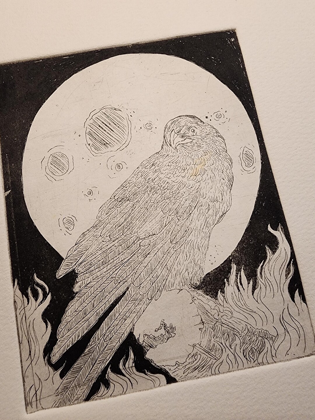 Crow, Fire, and Moon Intaglio Print: Mythical Bird Etching, Limited ...