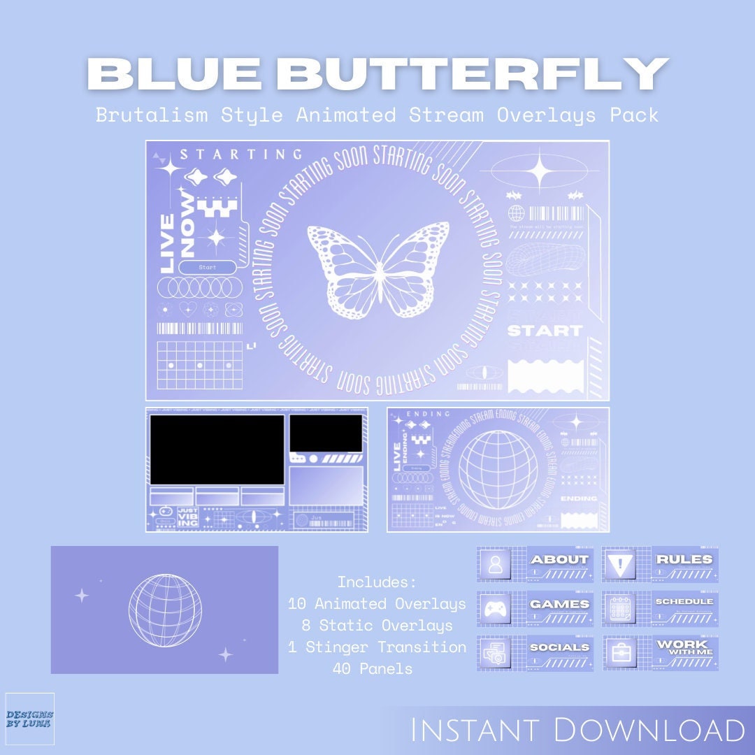 Blue Cybercore Brutalism Animated Stream Overlays Cyber Y2k Butterfly ...