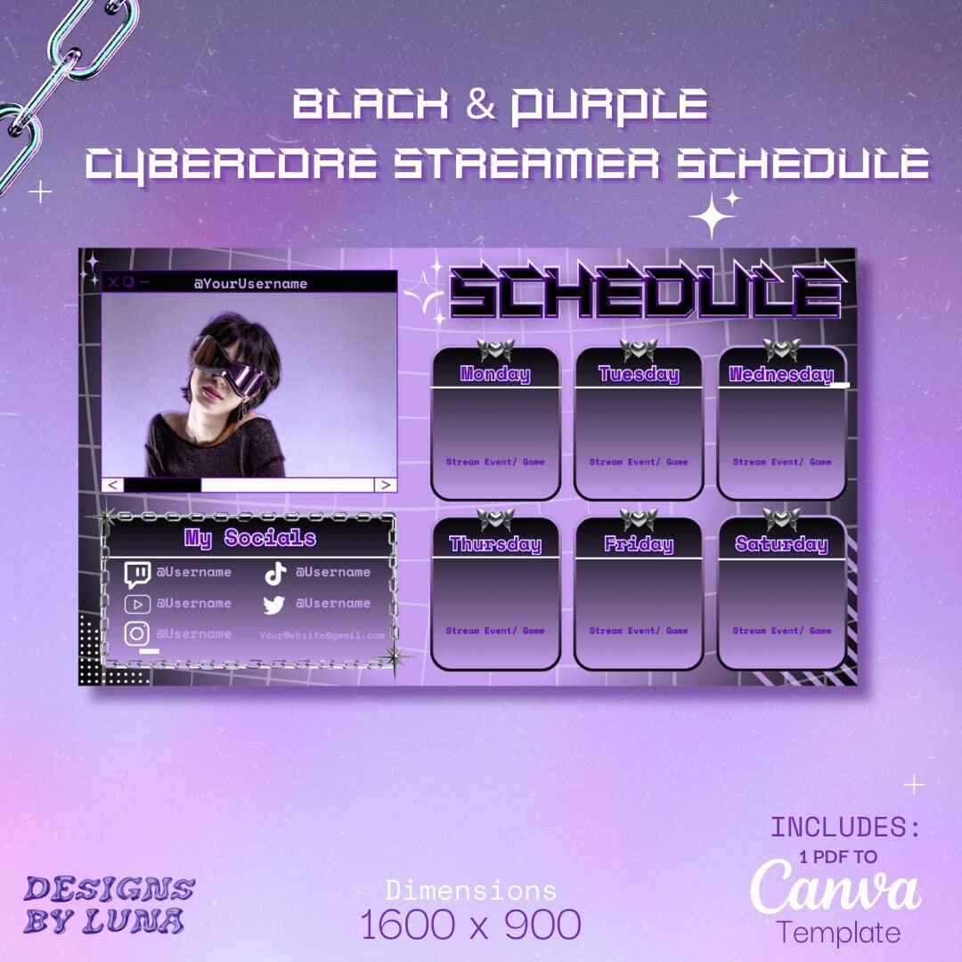 Black & Purple Cyber Schedule Template for Streamers Y2k Inspired ...