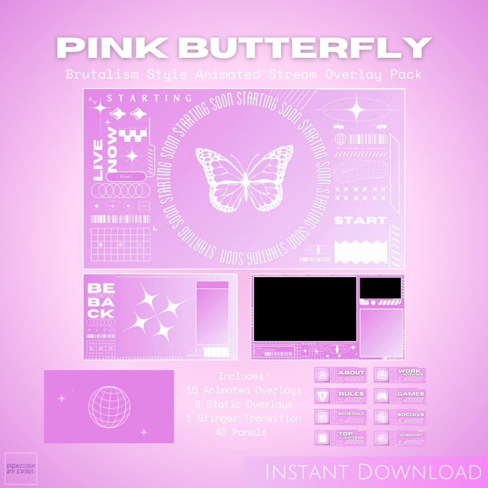Pink Cybercore Butterfly Stream Overlays: Brutalism Y2K Animated Twitch ...