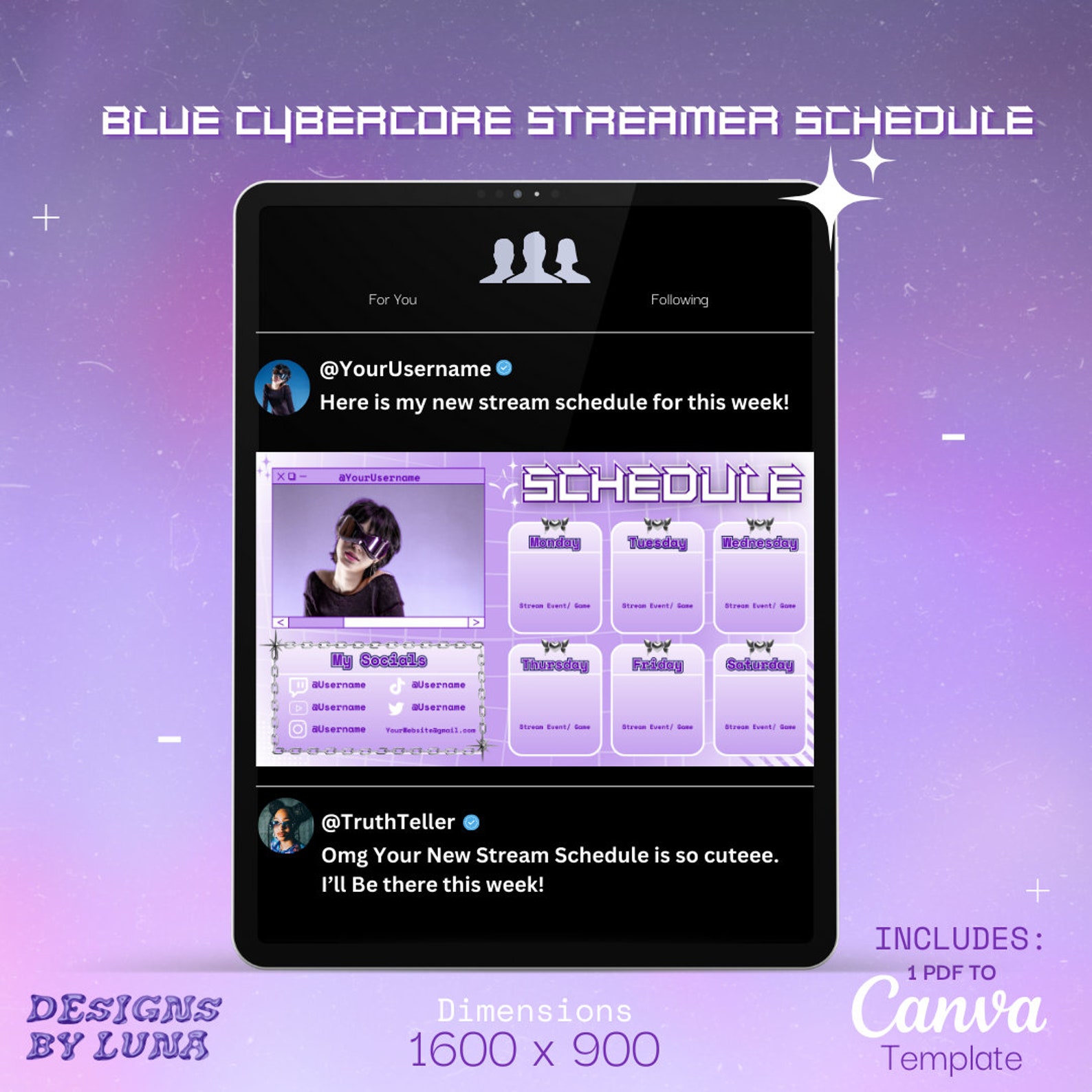Purple Cybercore Schedule Template for Streamers Y2k Inspired Aesthetic ...