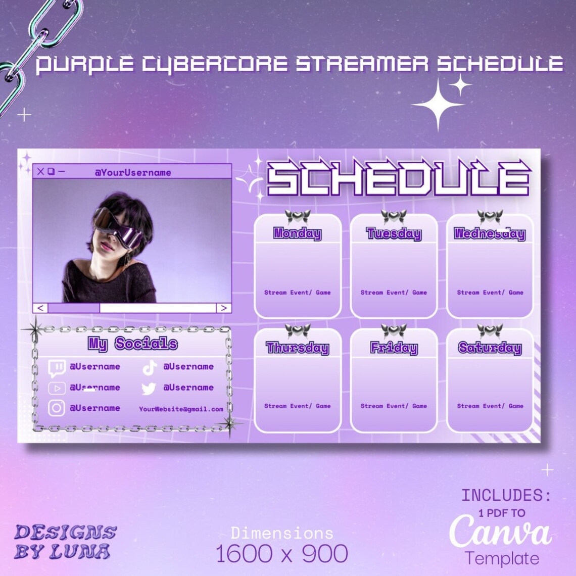 Purple Cybercore Schedule Template for Streamers Y2k Inspired Aesthetic ...