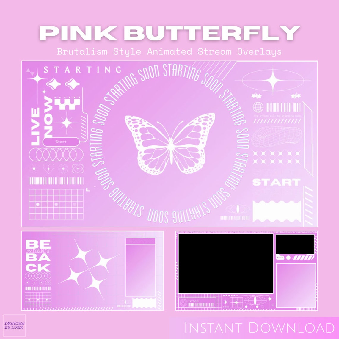 Pink Cybercore Butterfly Stream Overlays: Brutalism Y2K Animated Twitch ...