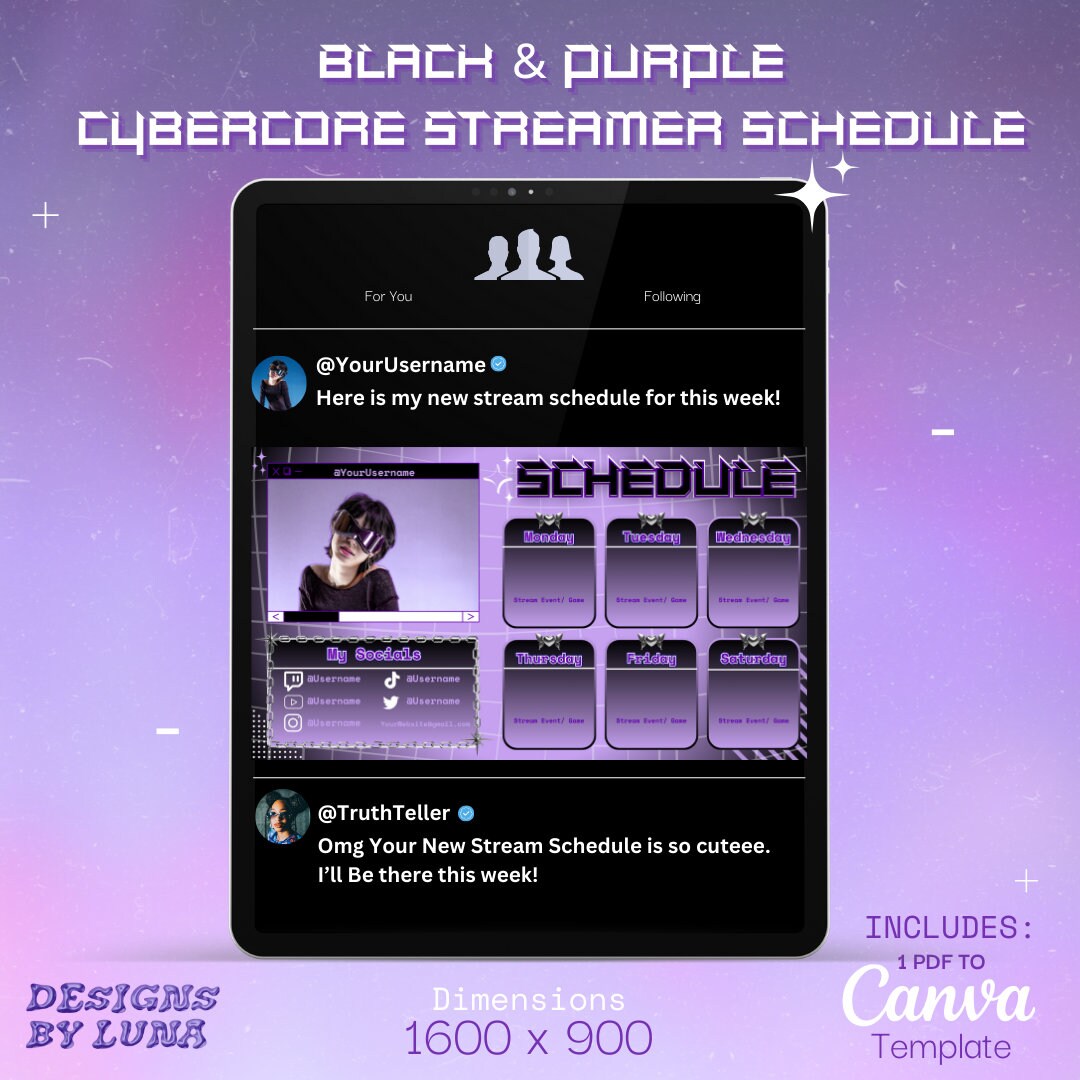 Black & Purple Cyber Schedule Template for Streamers Y2k Inspired ...