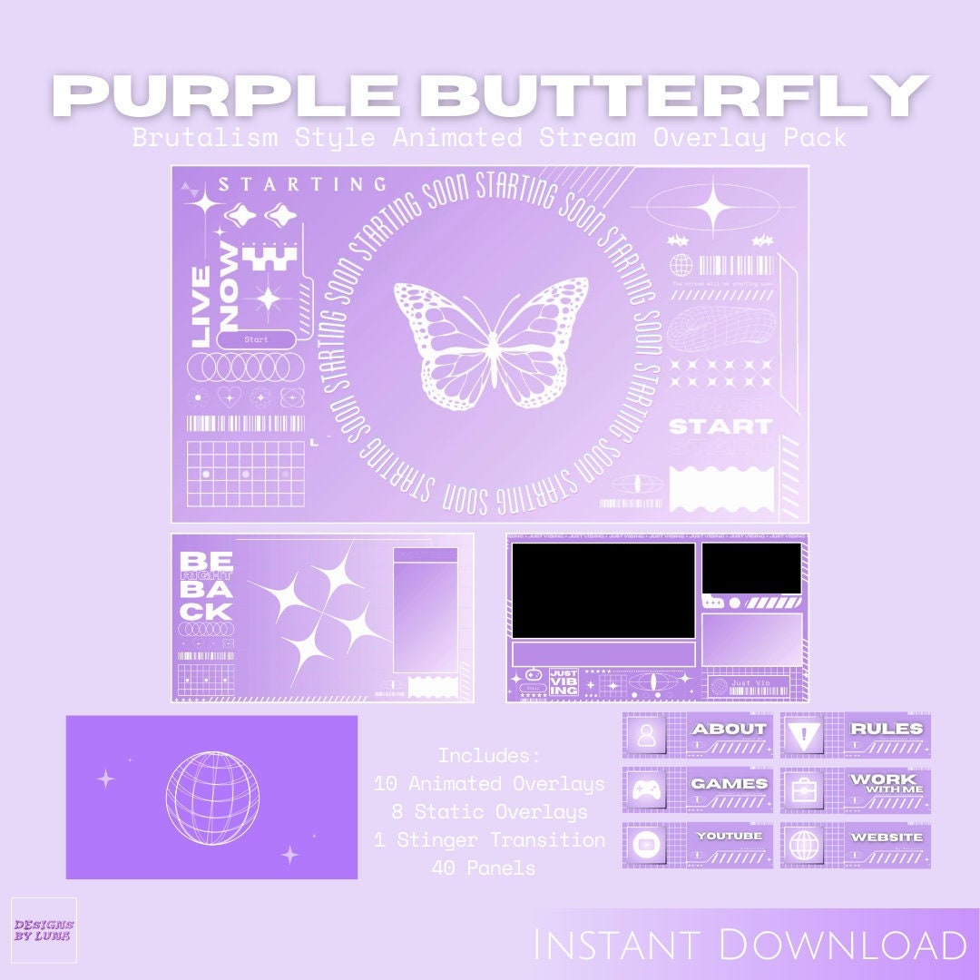 Purple Cybercore Brutalism Animated Stream Overlays Cyber Y2k Butterfly ...
