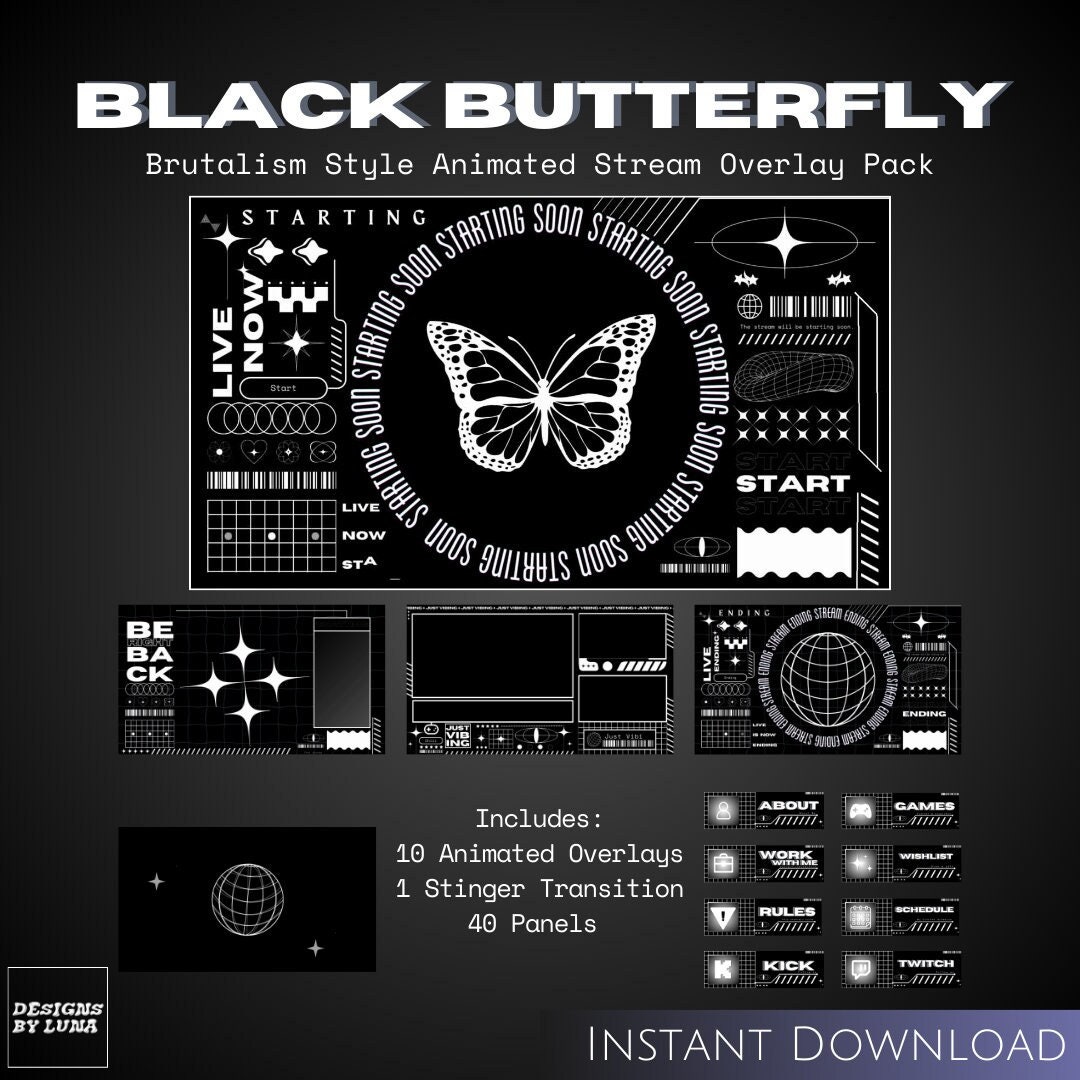Black Cybercore Brutalism Animated Stream Overlays Cyber Y2k Butterfly ...