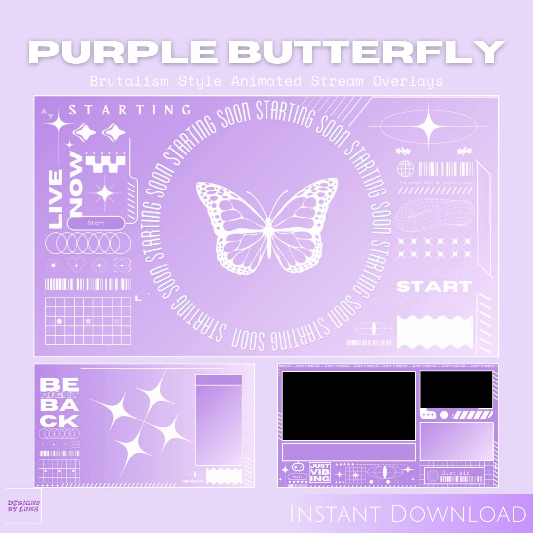 Purple Cybercore Brutalism Animated Stream Overlays Cyber Y2k Butterfly ...