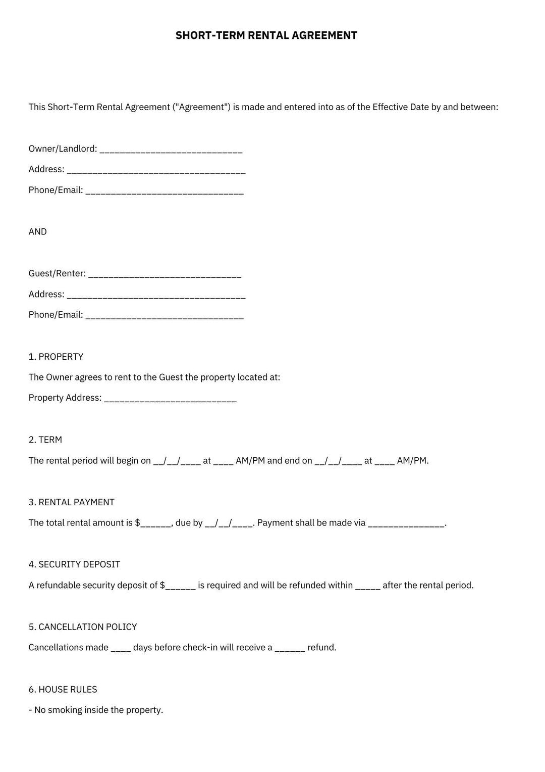 Fillable Short-term Rental Agreement | Instant Download | Editable ...