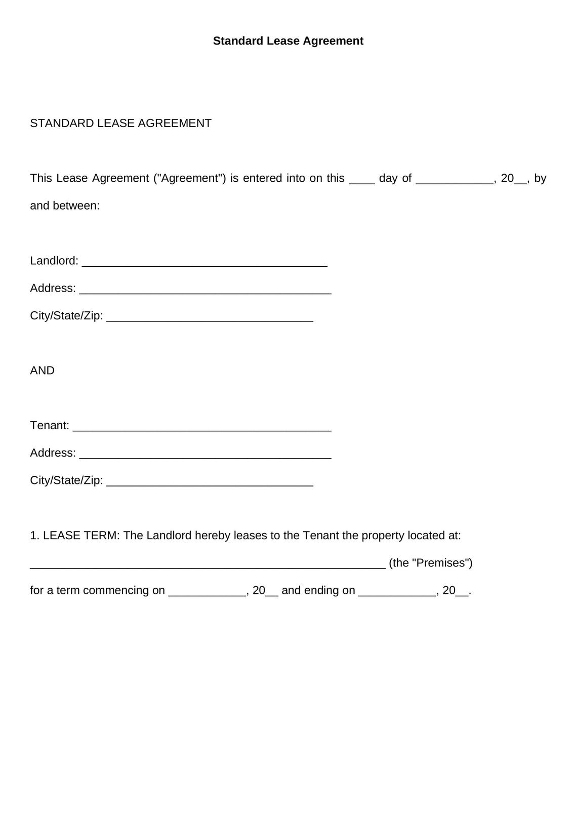 Standard Lease Agreement PDF | Residential Lease Template | Landlord ...
