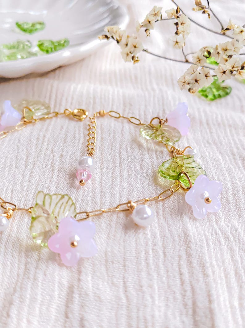 Pink Flower Bracelet Lily of the Valley Whimsical Jewellery With Leaves ...