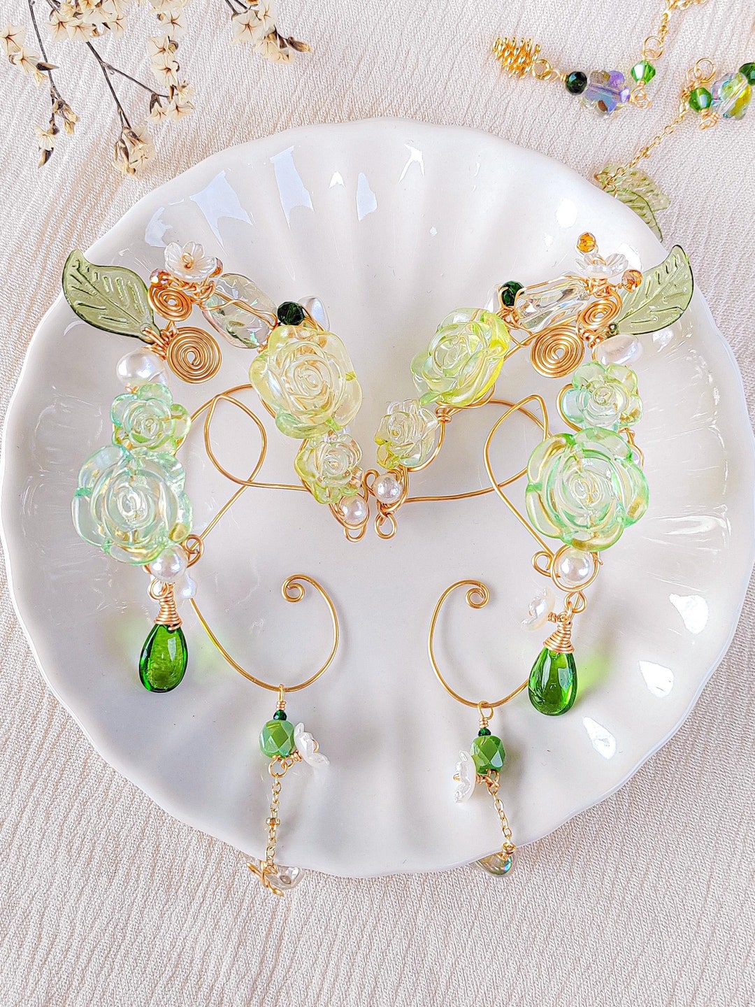 Enchanted Forest Faerie Ears Green Elven Ear Cuff Gold Elf Ear Cuff ...