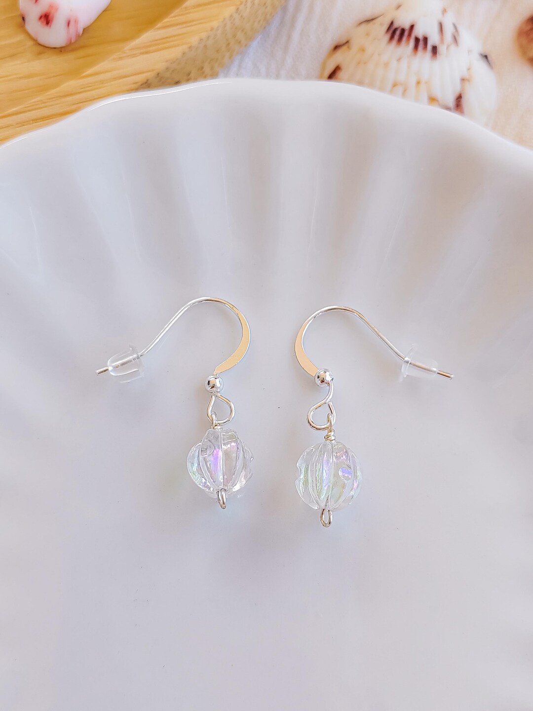 Minimal Silver Dangle Earrings, Iridescent Clear Dangles, Short Simple ...