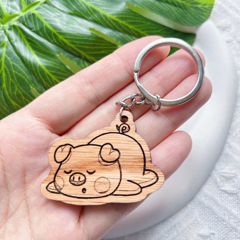 Solid Oak Wood Cute Piggy Keychain Pendant With Free Personal Text ...