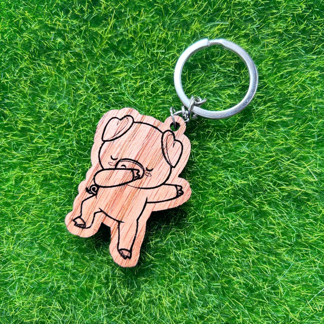Solid Oak Wood Cute Piggy Keychain Pendant With Free Personal Text ...