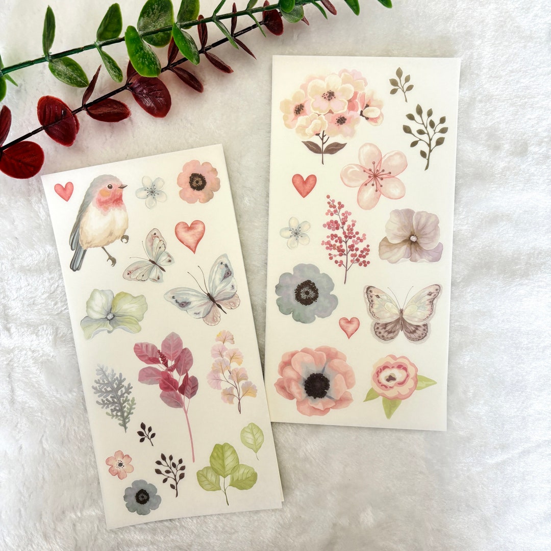 2 Sheets Bird Flower Butterfly Sticker, Floral Bullet Journal Sticker ...