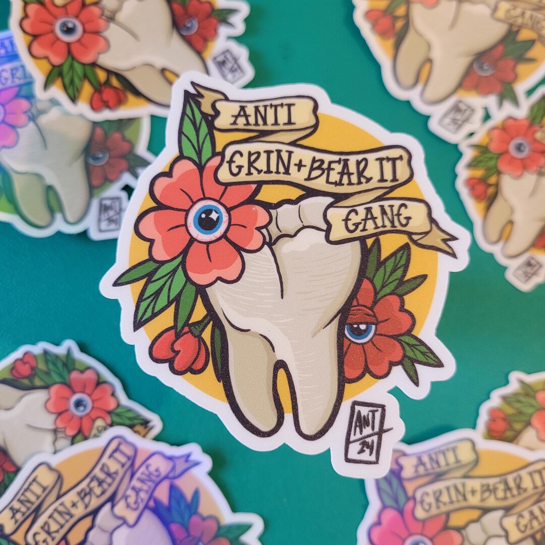 Anti Grin and Bear It Gang Sticker | Tattoo Style Tooth Sticker ...