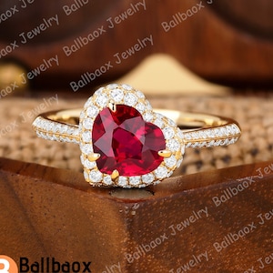 Unique Heart Shape Red Ruby Engagement Ring Solid Yellow Gold Bridal ...